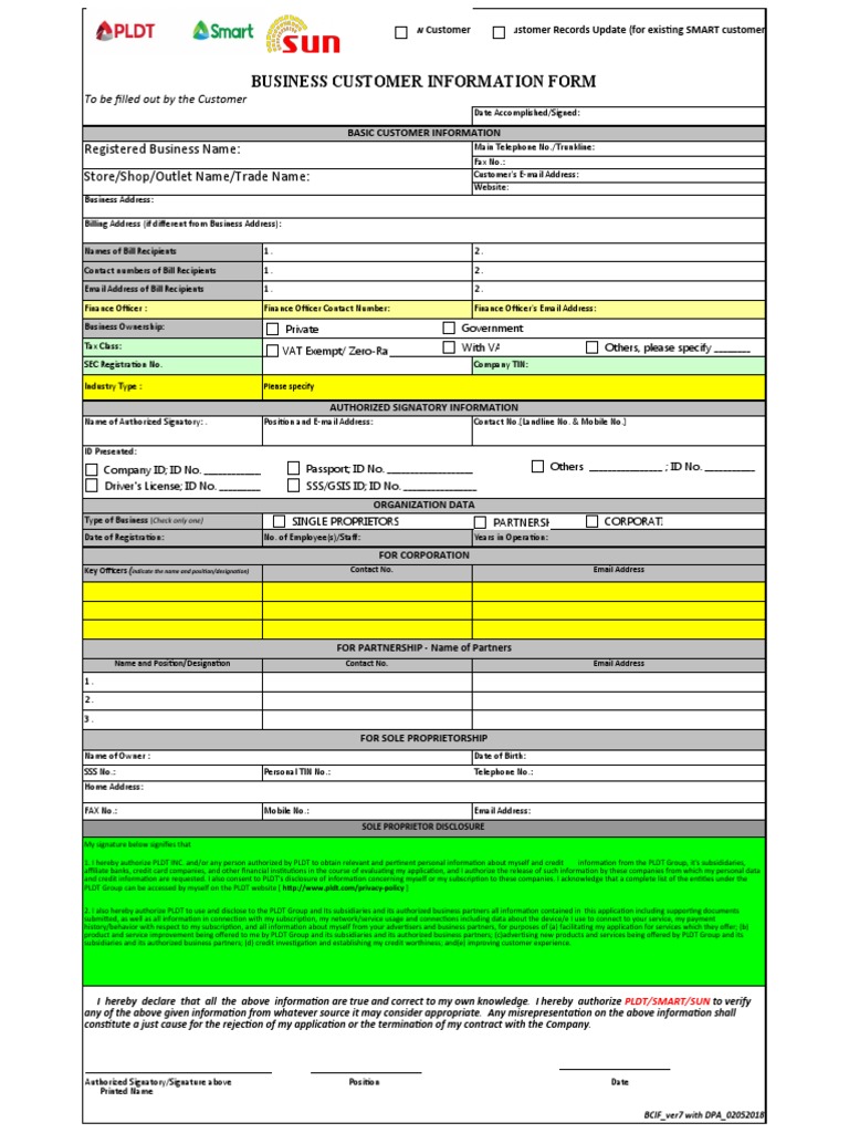 Business Customer Information Form: Registered Business Name: Store ...