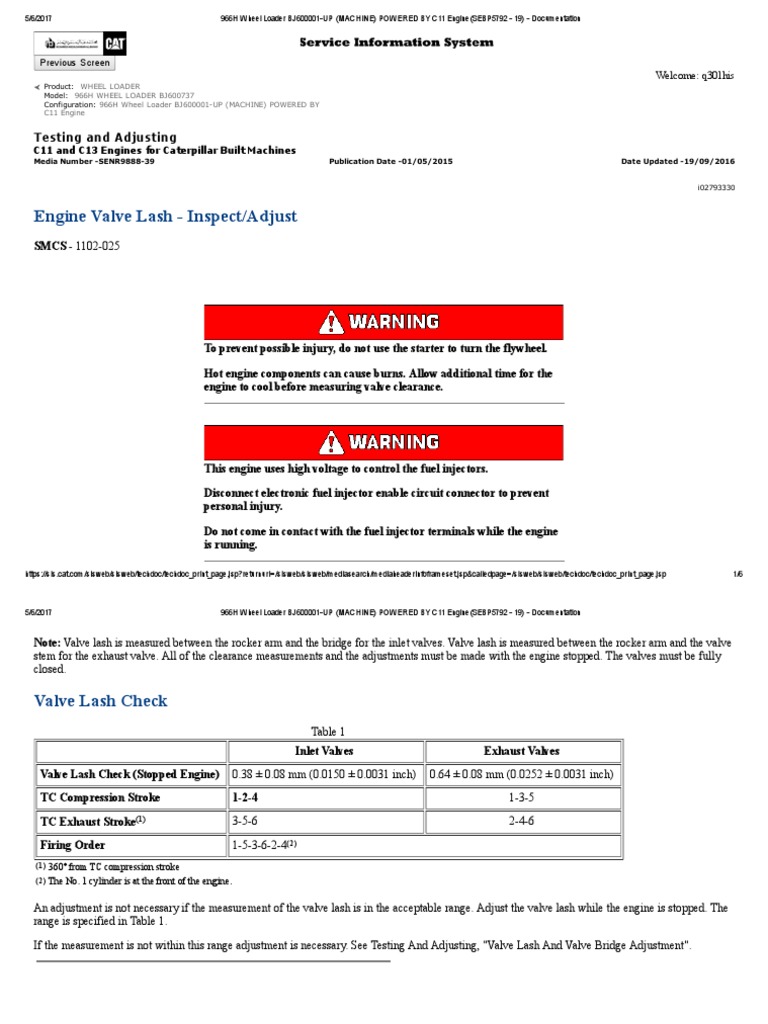 C11 Valve Lash Settings (Tappet Settings) | PDF | Rotating Machines ...