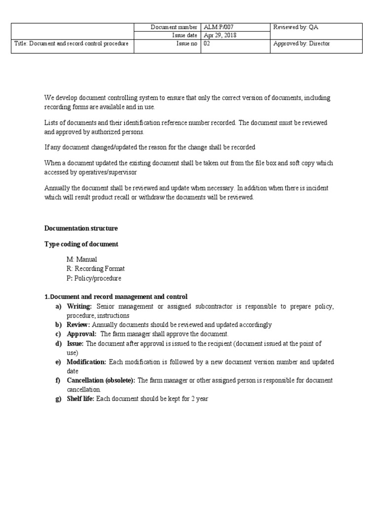 Document Number Alm P 007 Reviewed By Qa Issue Date Apr 29 2018 Title