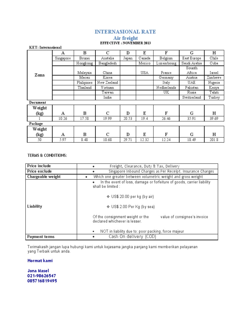 Internasional Rate Air Freight: A B C D E F G H | PDF | Service ...