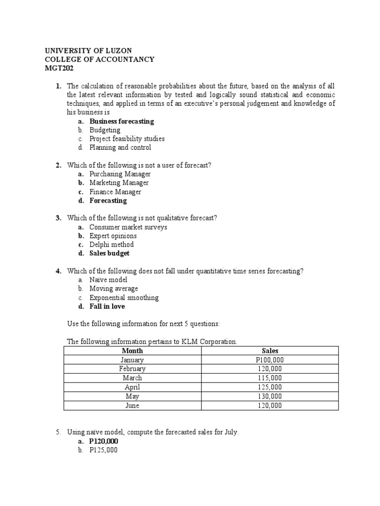 Mgt202 Forecasting Pdf Moving Average Forecasting
