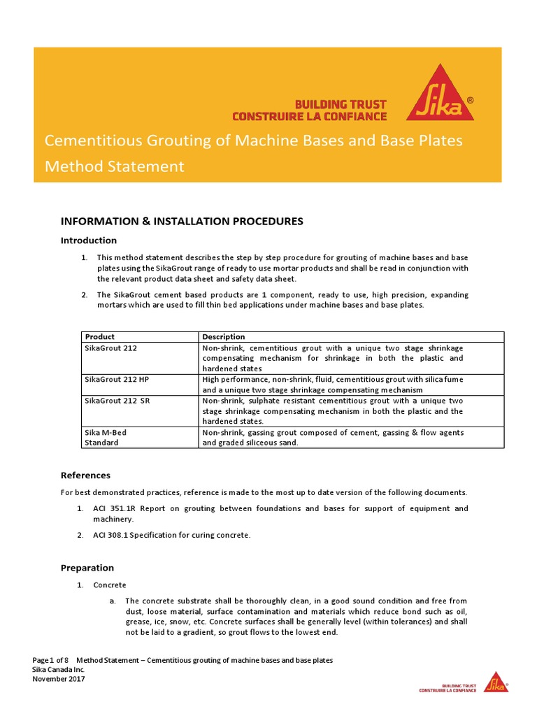 Method Statement - Cementitious Grouting | PDF | Concrete | Pump