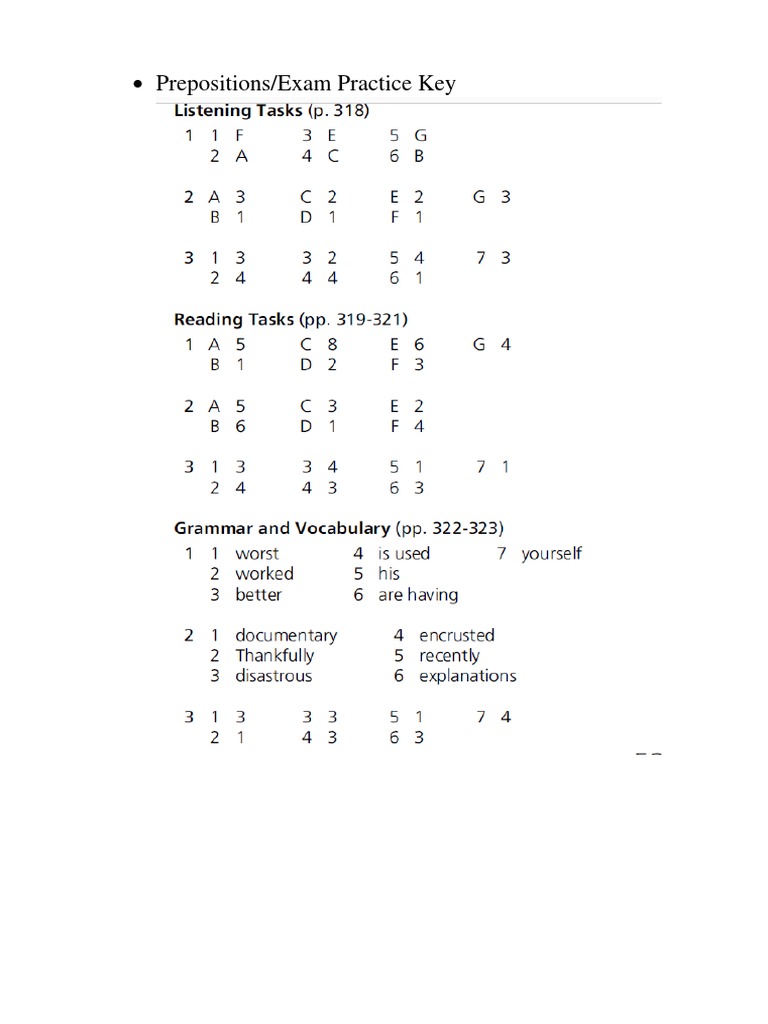 Prepositions/Exam Practice Key | PDF