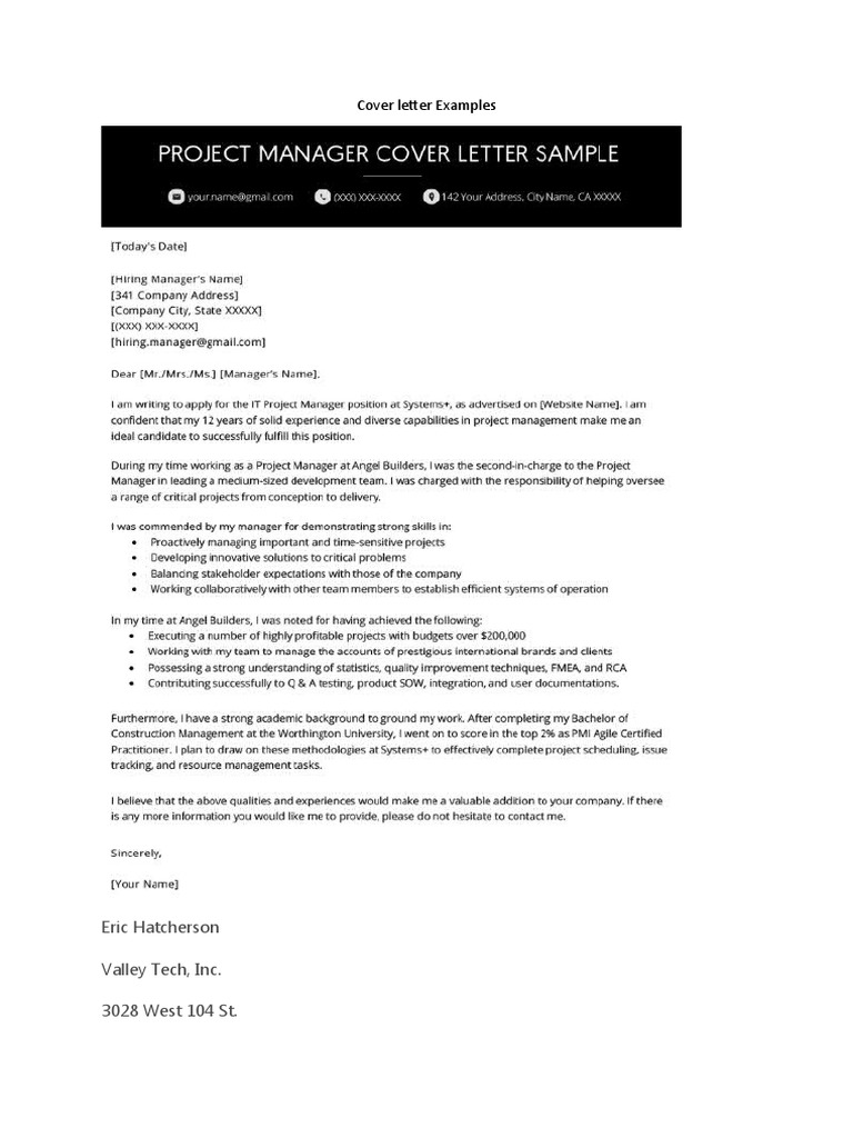 Cover Letter Examples: Eric Hatcherson Valley Tech, Inc. 3028 West 104 ...