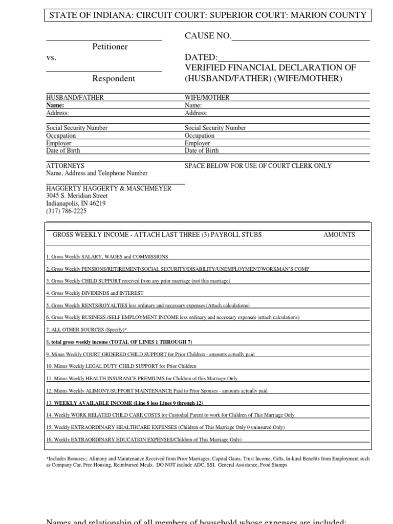 Indiana Circuit Court Financial Declaration | PDF | Mortgage Loan | Loans