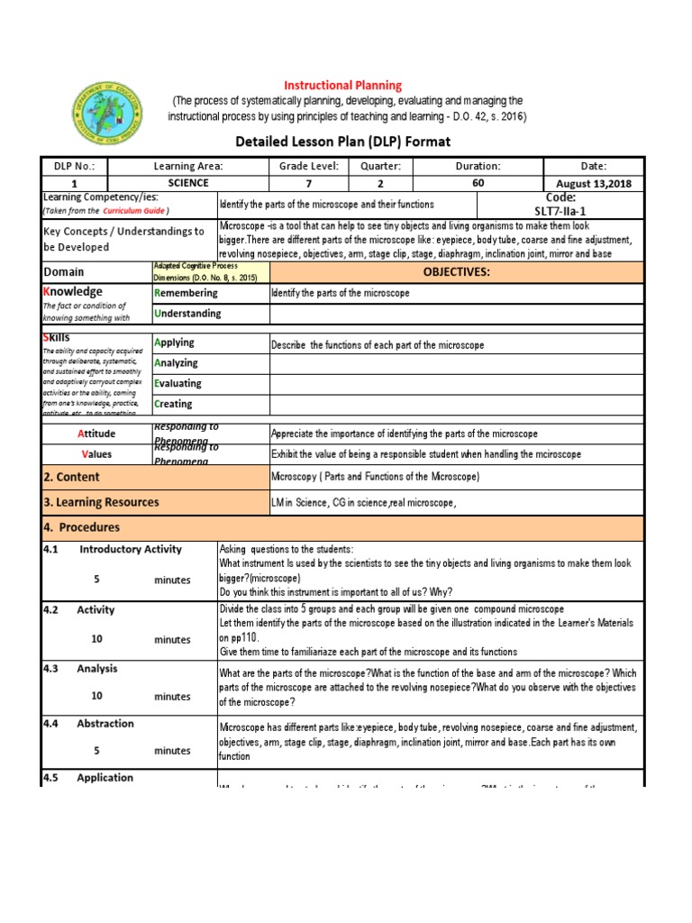 Detailed Lesson Plan (DLP) Format: Instructional Planning | PDF | Microscope | Learning