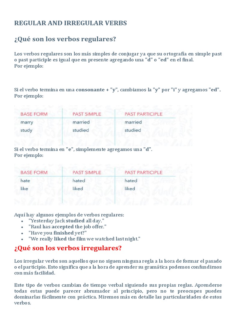 REGULAR AND IRREGULAR VERBS - Explicación PDF | PDF | Verbo ...