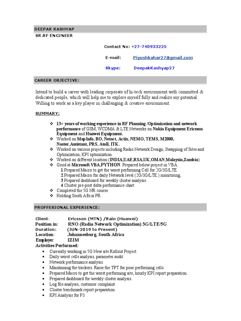 CV - Piyush Kahar - 6month Experience | PDF | Lte (Telecommunication) | 3 G