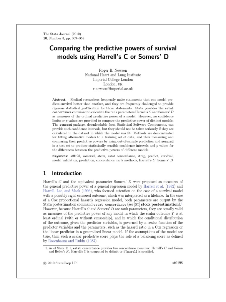 Comparing The Predictive Powers of Survival Model Using Harrell's C or ...
