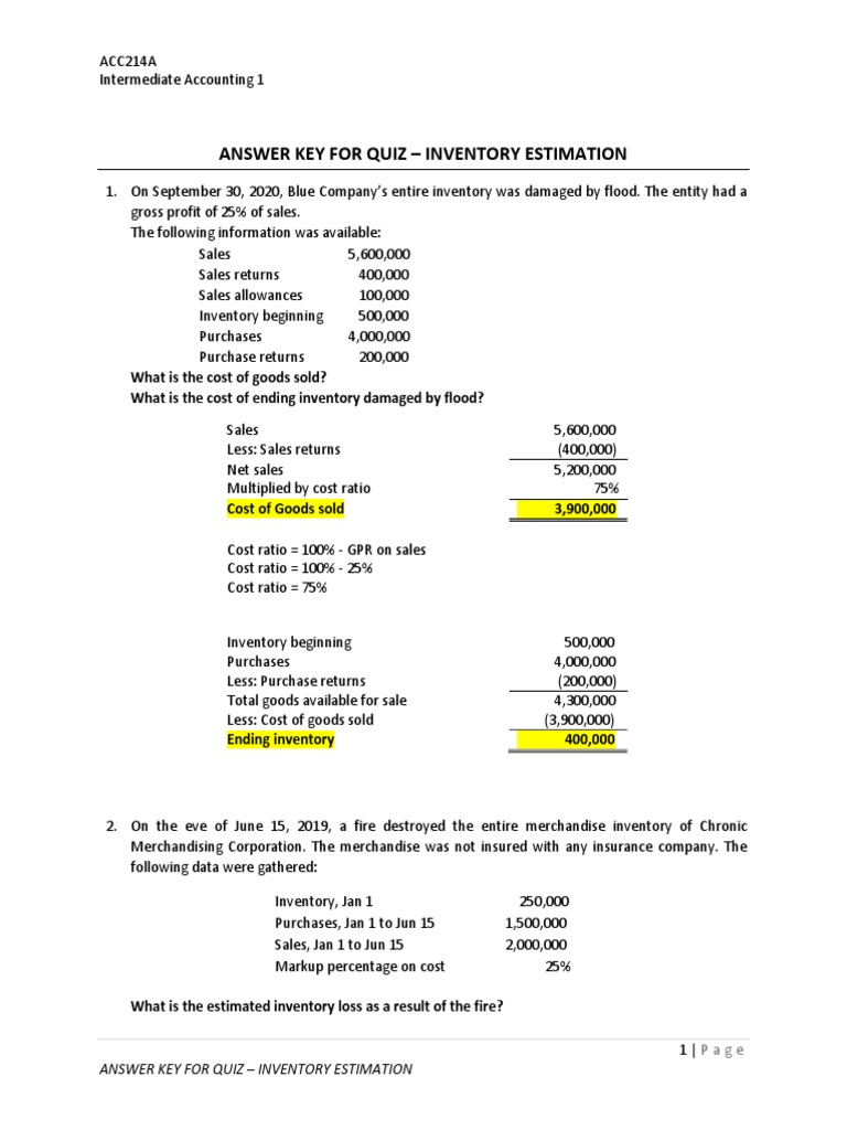 Answer Key For Quiz - Inventory Estimation | PDF | Cost Of Goods Sold | Inventory
