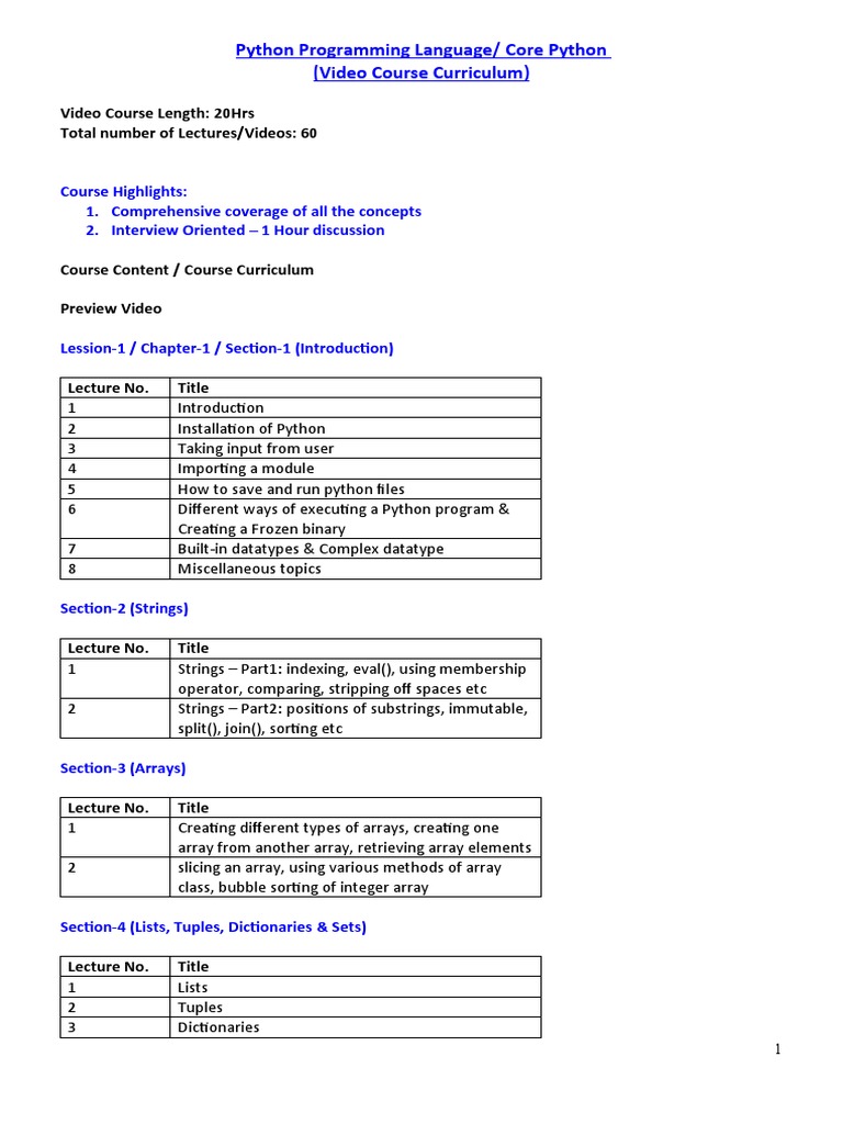 Python Programming Language/ Core Python (Video Course Curriculum) | PDF | Method (Computer ...