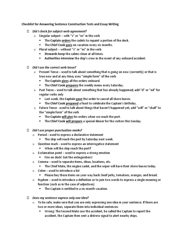 Checklist For Answering Sentence Construction Tests and Essay Writing ...