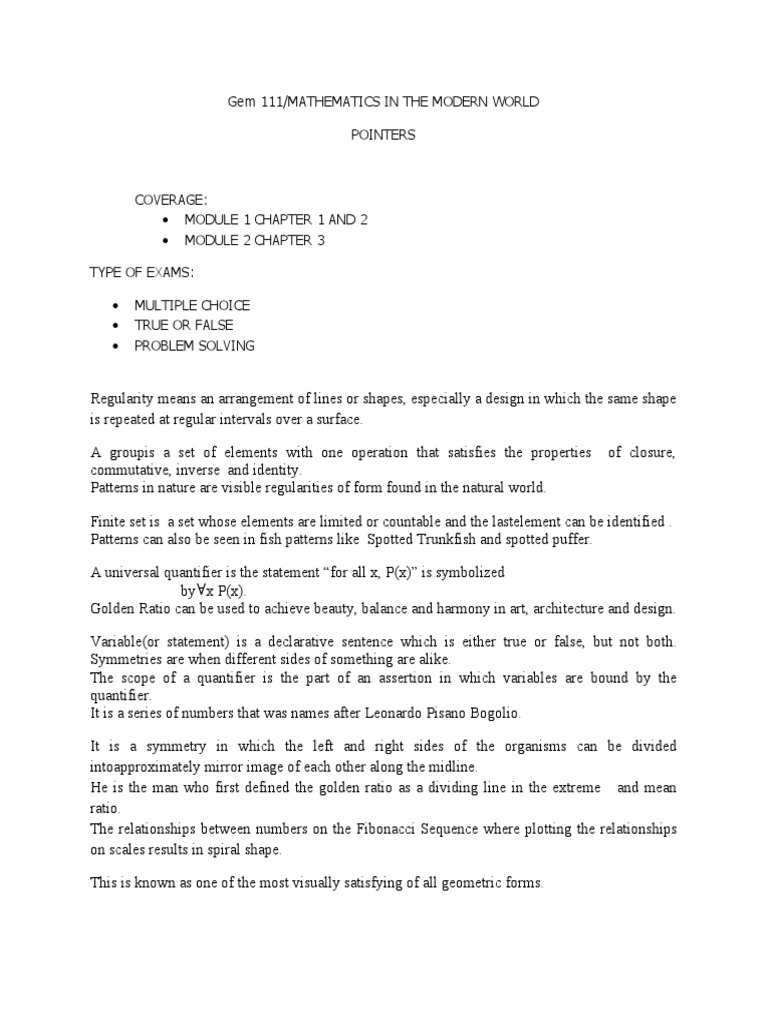 Gem 111/mathematics in The Modern World Pointers | PDF | Pattern ...