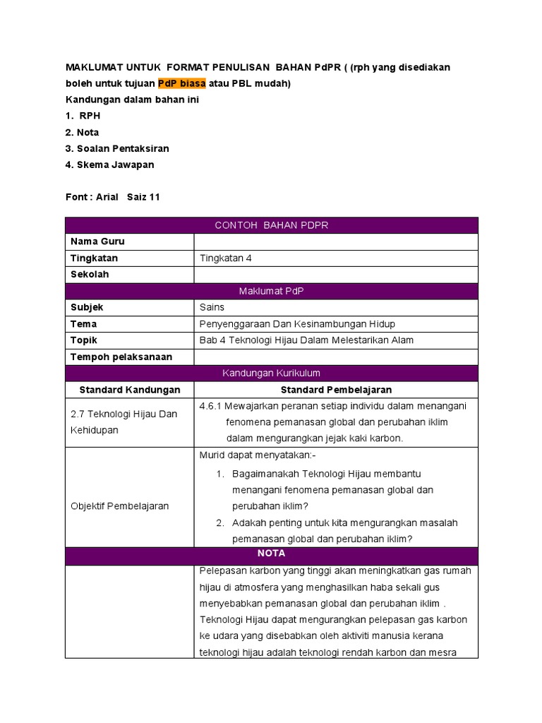 CONTOH FORMAT PENULISAN PDPR | PDF
