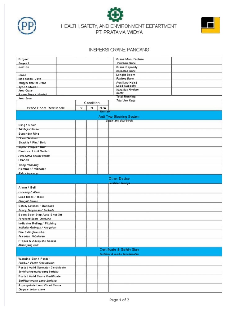 PDF Form Inspeksi Crane Pancang | PDF | Crane (Machine) | Tools