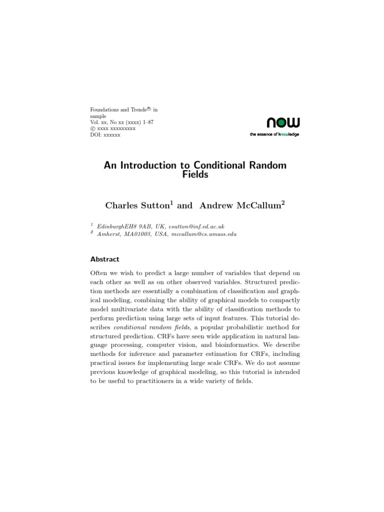 An Introduction To Conditional Random Fields: Charles Sutton and Andrew Mccallum | PDF | Applied ...