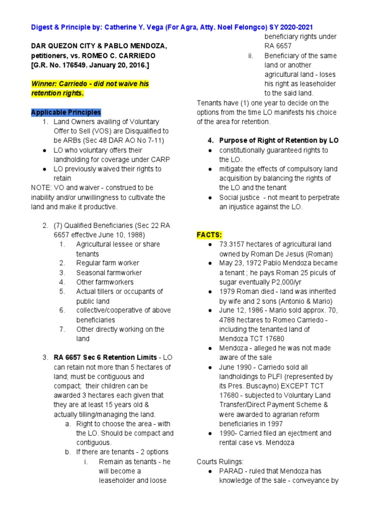 DAR vs. Carriedo (Digest & Principle) PDF | PDF | Leasehold Estate | Virtue