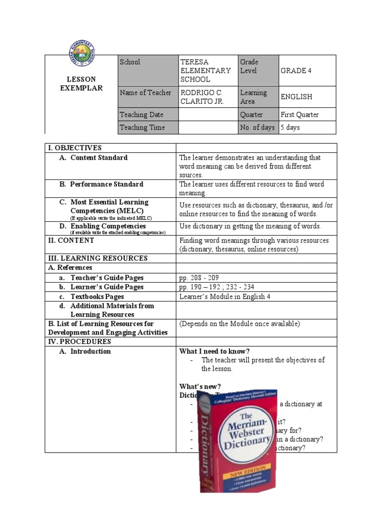 Using Dictionaries and Thesauruses in Class 4 | PDF | Dictionary | Learning