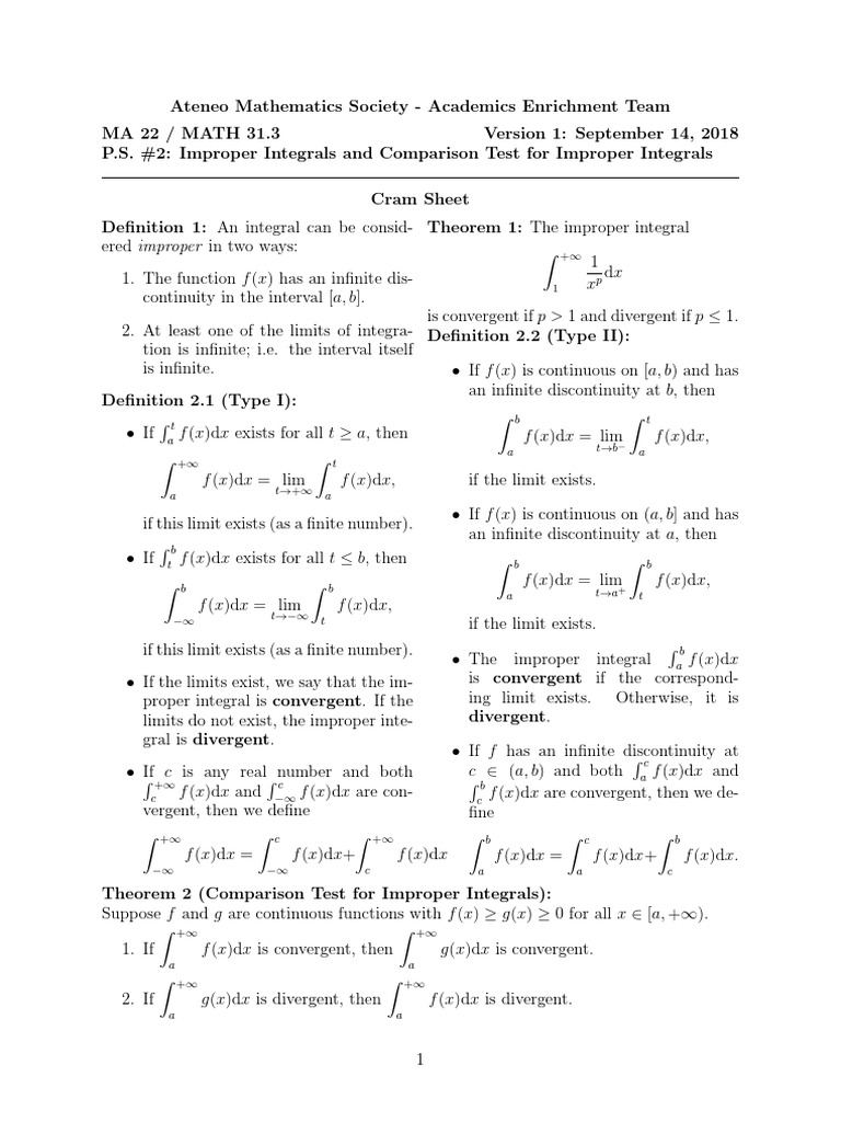 MA (Improper Integrals & Comparison Test For Improper Integrals) | PDF ... MA (Improper Integrals & Comparison Test For Improper Integrals) | PDF ...