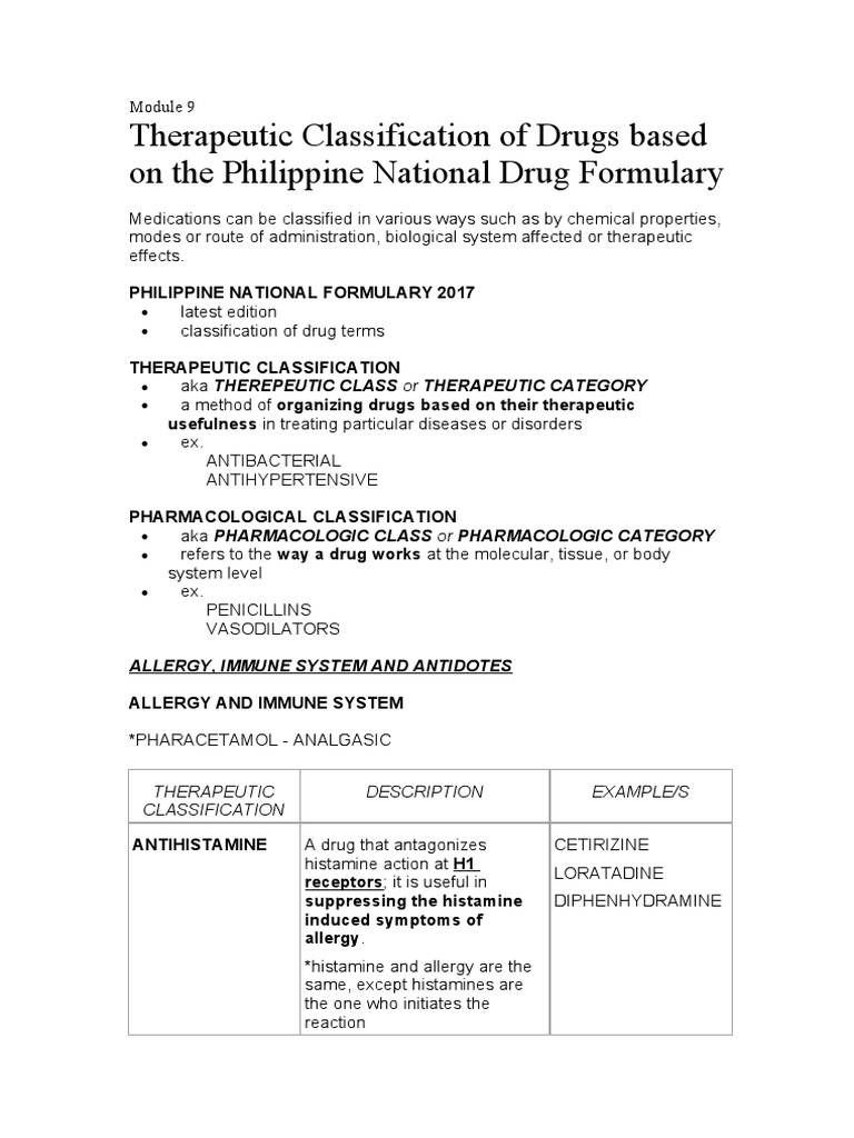Therapeutic Classification of Drugs Based On The Philippine National ...
