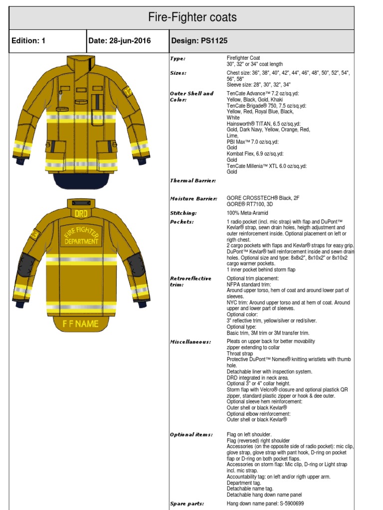 Fire-Fighter Coats: Edition: 1 Date: 28-Jun-2016 Design: PS1125 | PDF ...