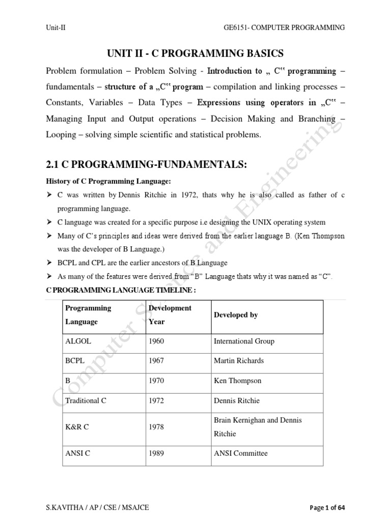 Unit Ii C Programming Basics Pdf C Programming Language Integer Computer Science 1065