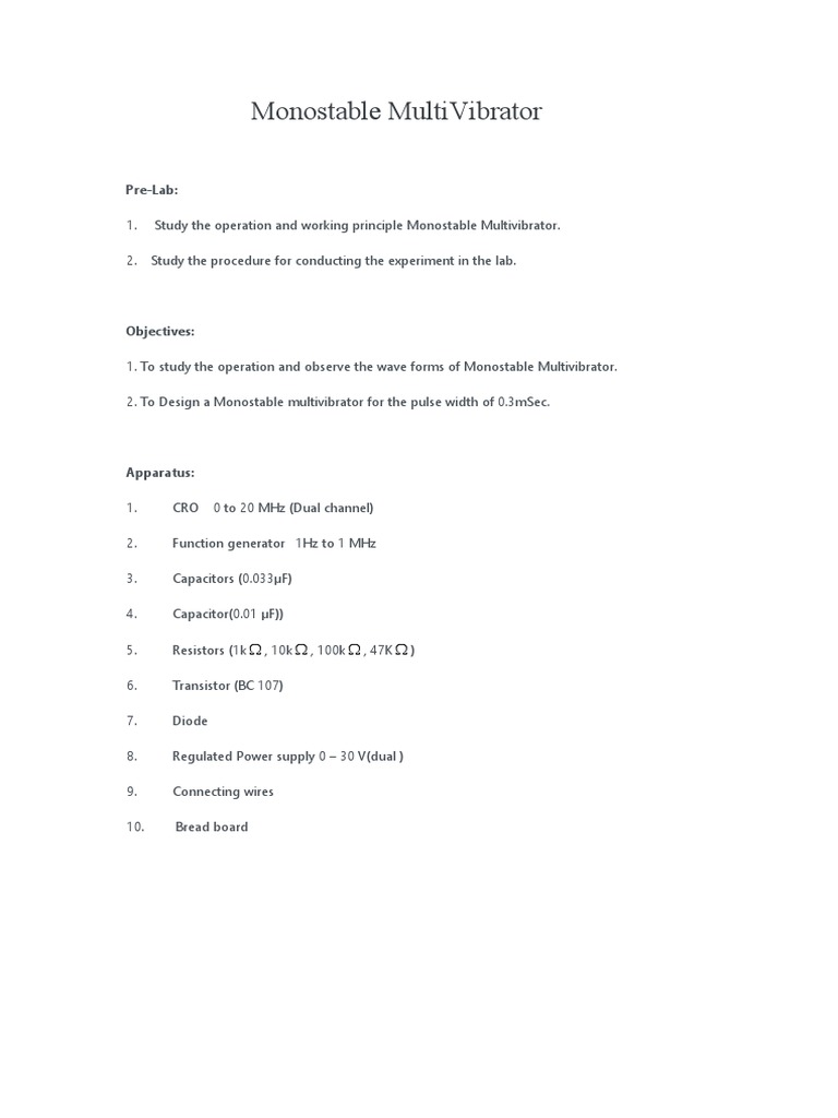 Monostable Multivibrator: Pre-Lab | PDF | Electronics | Electrical Engineering