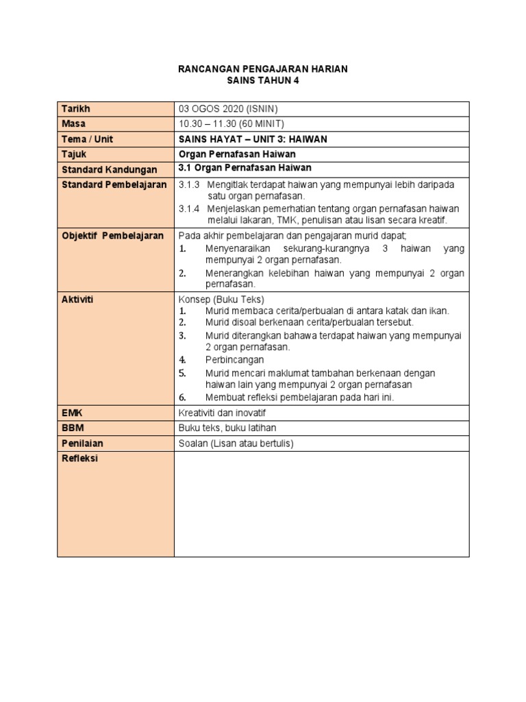 RPH Sains Tahun 4 | PDF