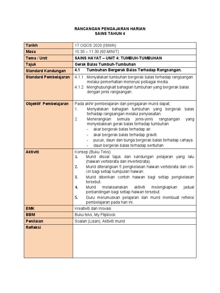 RPH Sains Tahun 4 | PDF