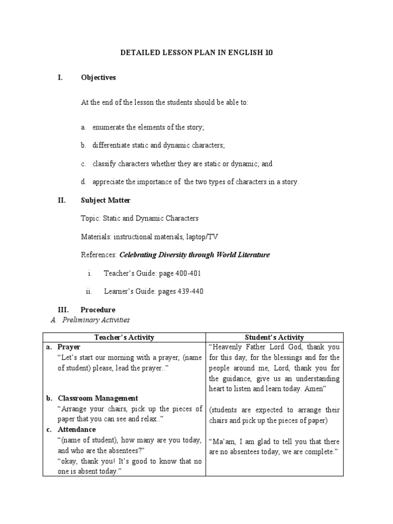 English 10 Lesson Plan: Characters | PDF | Narration | Cognition