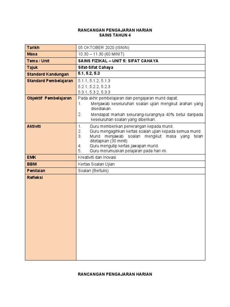 RPH Sains Tahun 4 | PDF