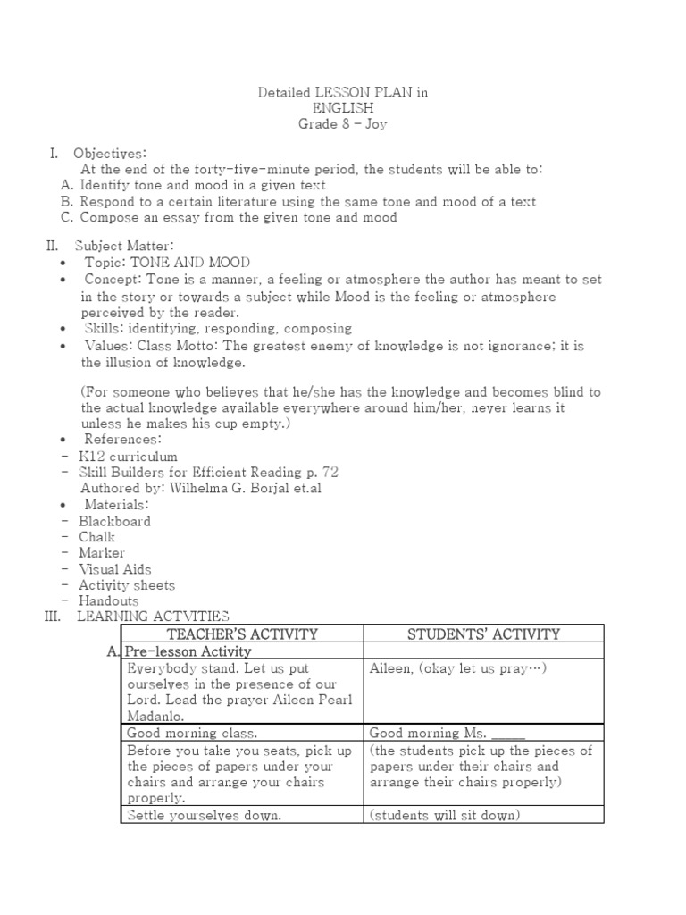 TONE MOOD Detailed LESSON PLAN | PDF | Lesson Plan | Cognition