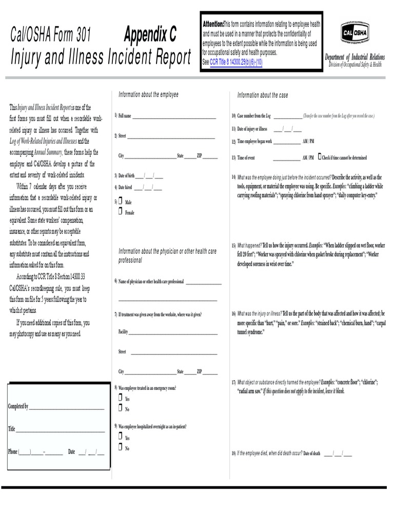 Injury and Illness Incident Report: Cal/OSHA Form 301 Appendix C | PDF ...