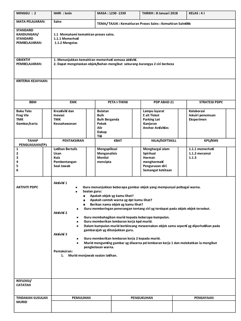 RPH Sains Tahun 4 2018 | PDF