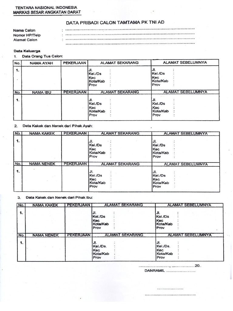 Data Pribadi Calon Tamtama TNI AD | PDF