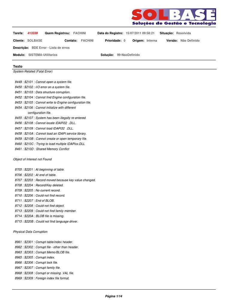BDE Error-Lista Erros | PDF | Databases | Operating System