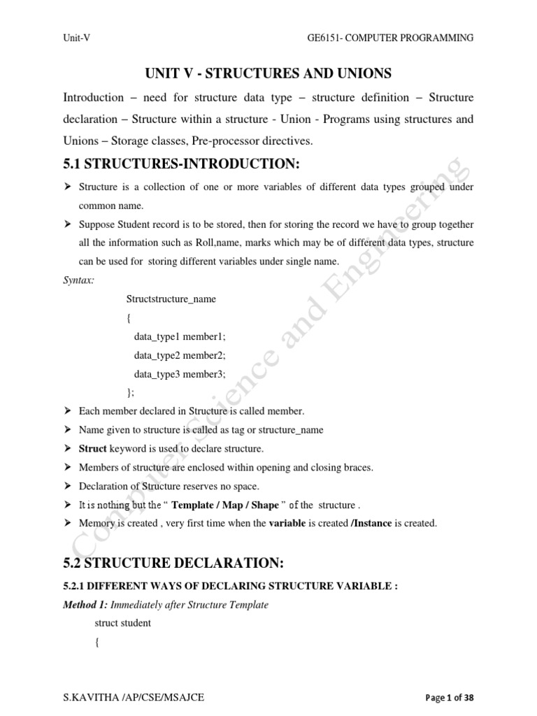 Unit V - Structures and Unions: Syntax | PDF | Variable (Computer Science) | Scope (Computer ...