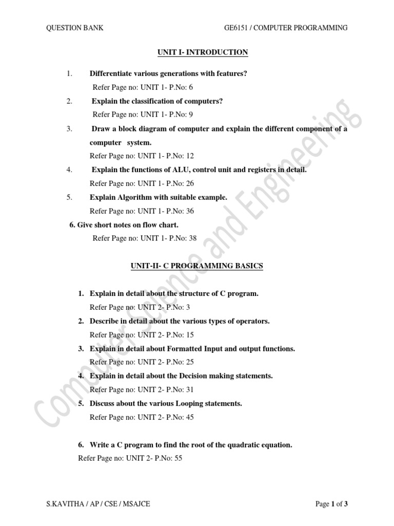 Question Bank Ge6151 / Computer Programming | PDF | Array Data Structure | Pointer (Computer ...