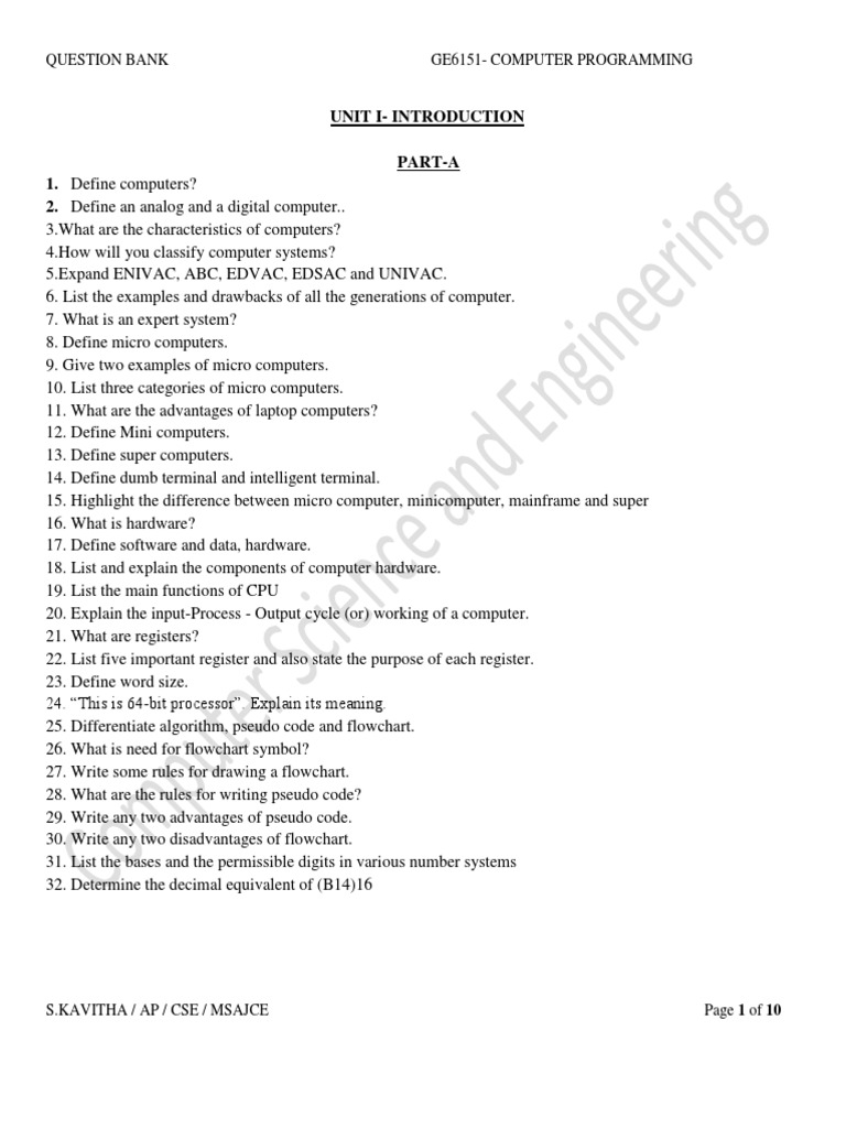 Unit I-Introduction Part-A 1. Define Computers? 2. Define An Analog and ...