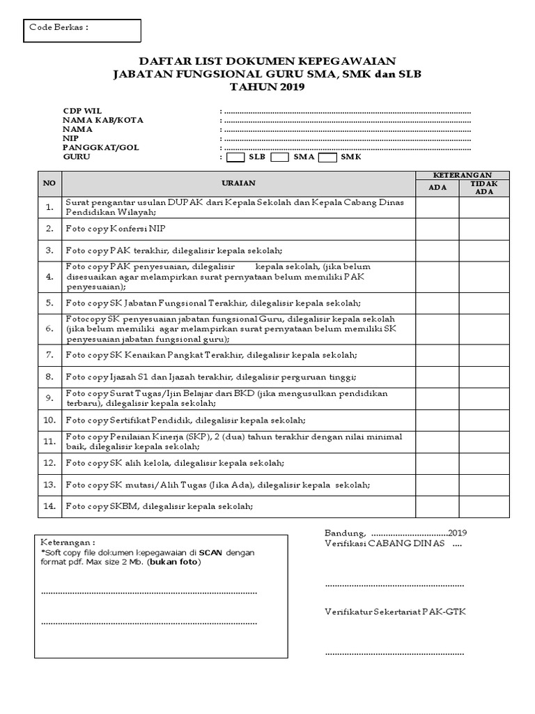 Daftar Ceklist Pak Dokumen Kepegawaian Guru | PDF