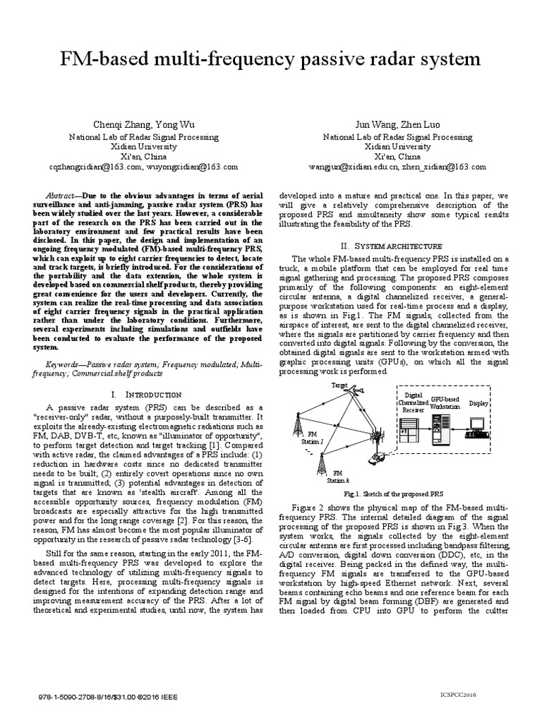 Fm Based Multi Frequency Passive Radar System Chenqi Zhang Yong Wu Jun Wang Zhen Luo Pdf