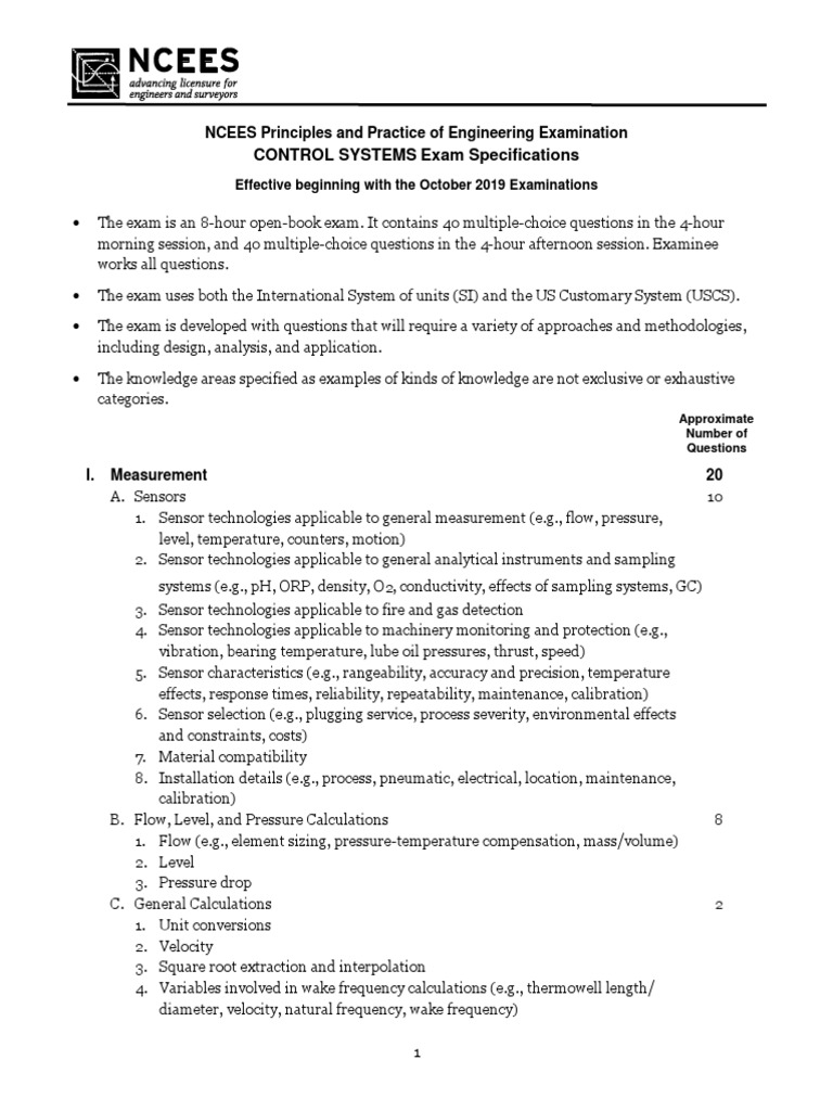 Control Systems Exam Specifications: NCEES Principles and Practice of ...