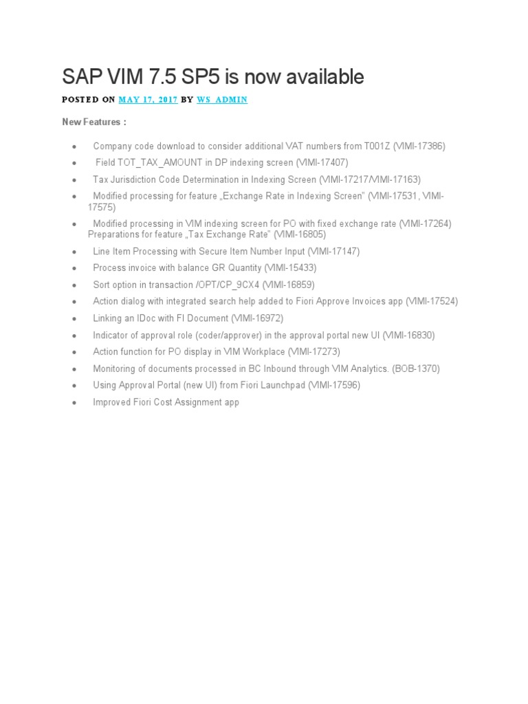 SAP VIM 7.5 SP5 Is Now Available: New Features | PDF