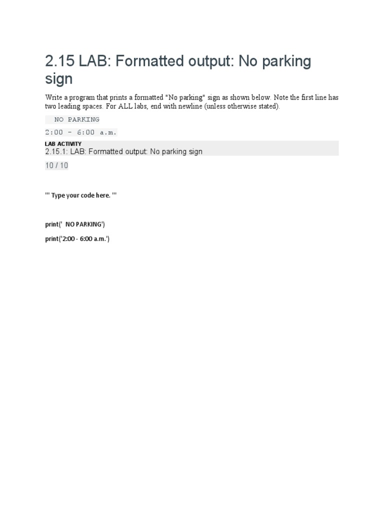 2.15 LAB Formatted Output No Parking Sign | PDF