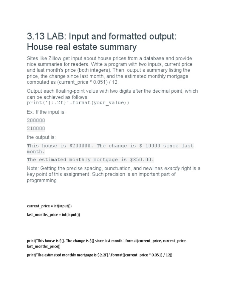 3.13 LAB: Input and Formatted Output: House Real Estate Summary | PDF