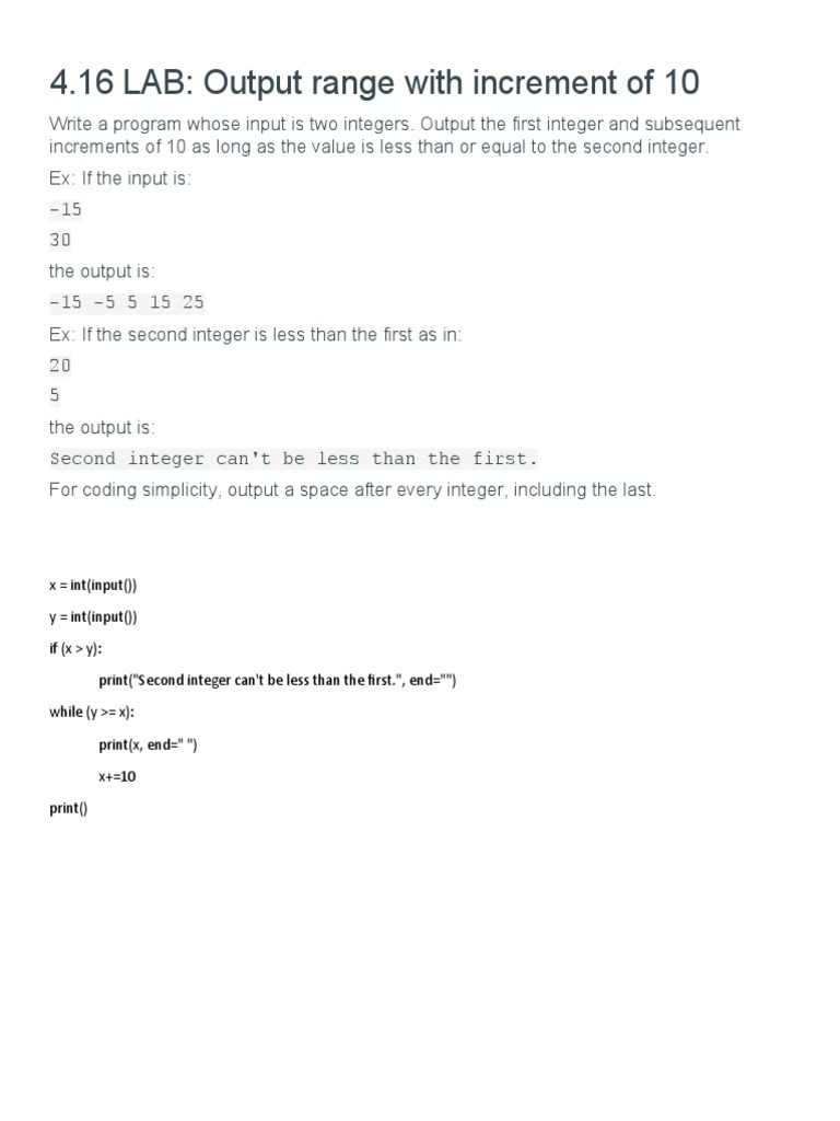 416 Lab Output Range With Increment Of 10 Pdf