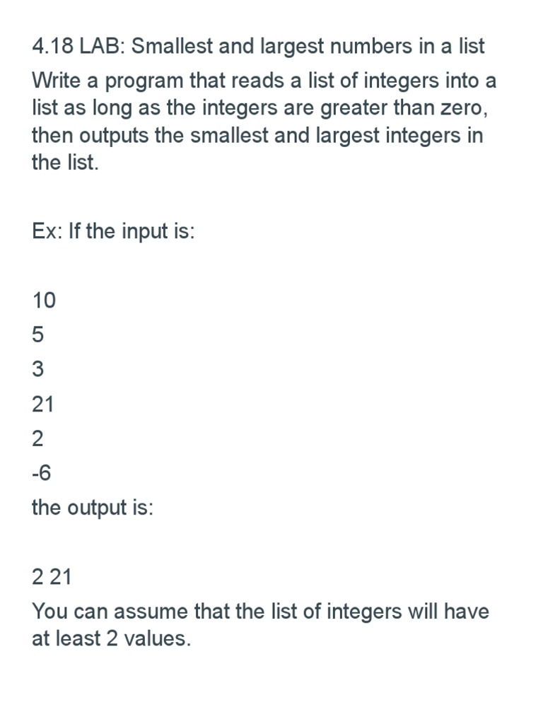 4.18 LAB Smallest and Largest Numbers in A List | PDF