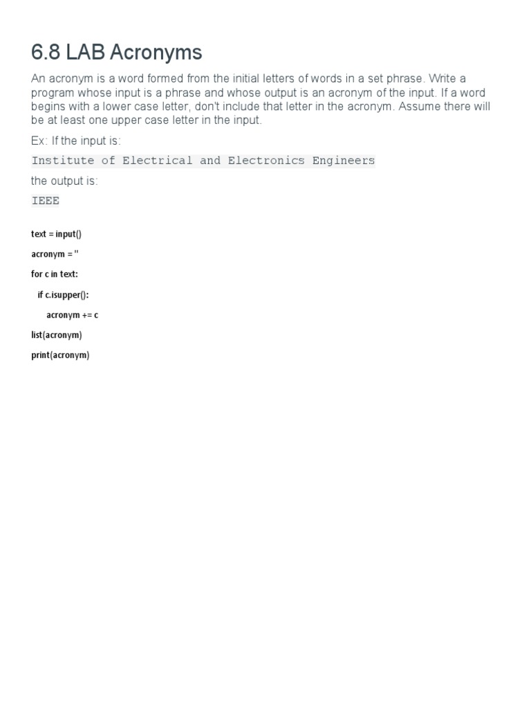 6.8 LAB Acronyms: Text Input Acronym '' For C in Text: If C.isupper ...