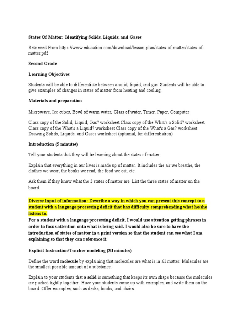 Lesson Plan Adaptation Assignment | PDF | Gases | Liquids