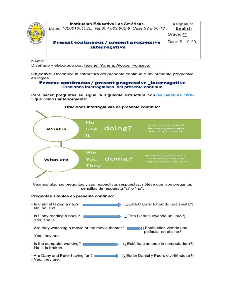 Guía Presente Continuo, Progresivo e Interrogativo. | PDF